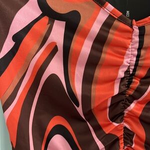 PrettyLittleThing | Tops | Brown Geo Print Abstract Plunge Neck Ruched ...